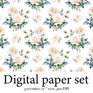 Watercolor Digital Paper Pack, White Roses Scrapbook, Roses Seamless ...