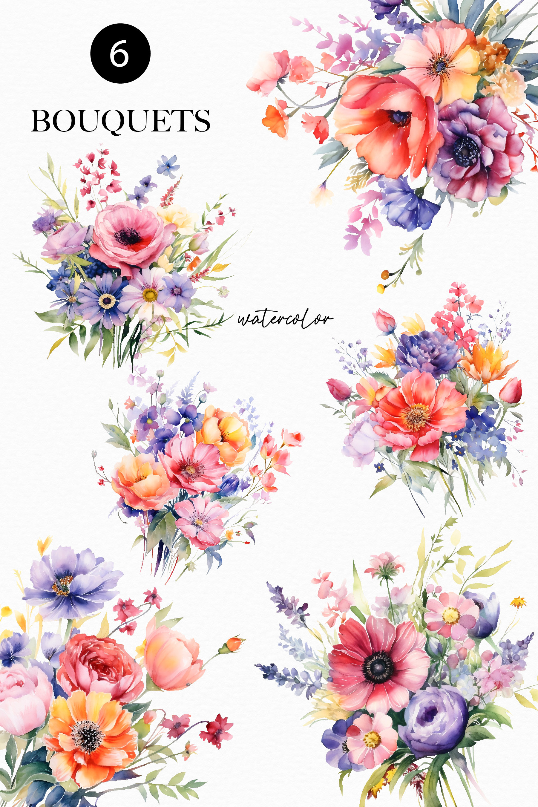 Watercolor Floral Clipart Watercolor Wildflowers Bouquets Png Bright ...