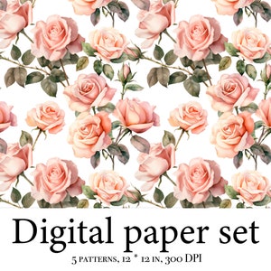 Watercolor Blush Rose Digital Paper Pack, Blush Roses Scrapbook, Roses ...