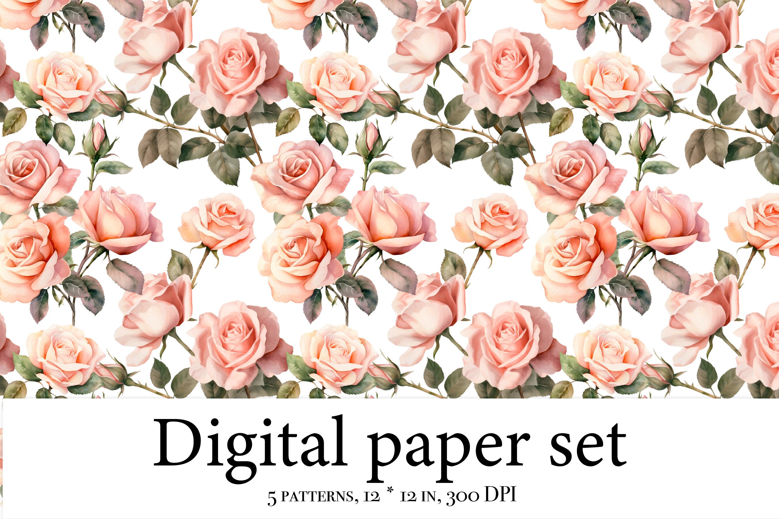 Watercolor Blush Rose Digital Paper Pack, Blush Roses Scrapbook, Roses ...
