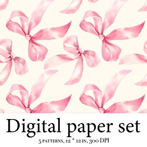 Pink Ribbon Bows Seamless Pattern Set, Watercolor Bow, Gingham ...