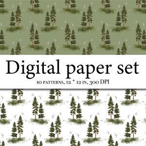 Watercolor Forest Digital Paper Set - Forest Landscape Paper - Seamless ...
