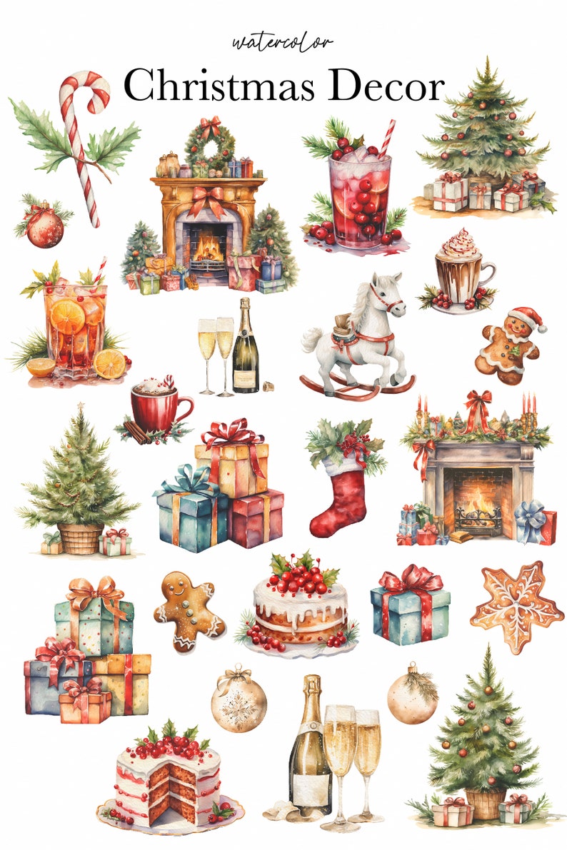 Watercolor Christmas Clipart PNG - Christmas Bundle Clipart ...