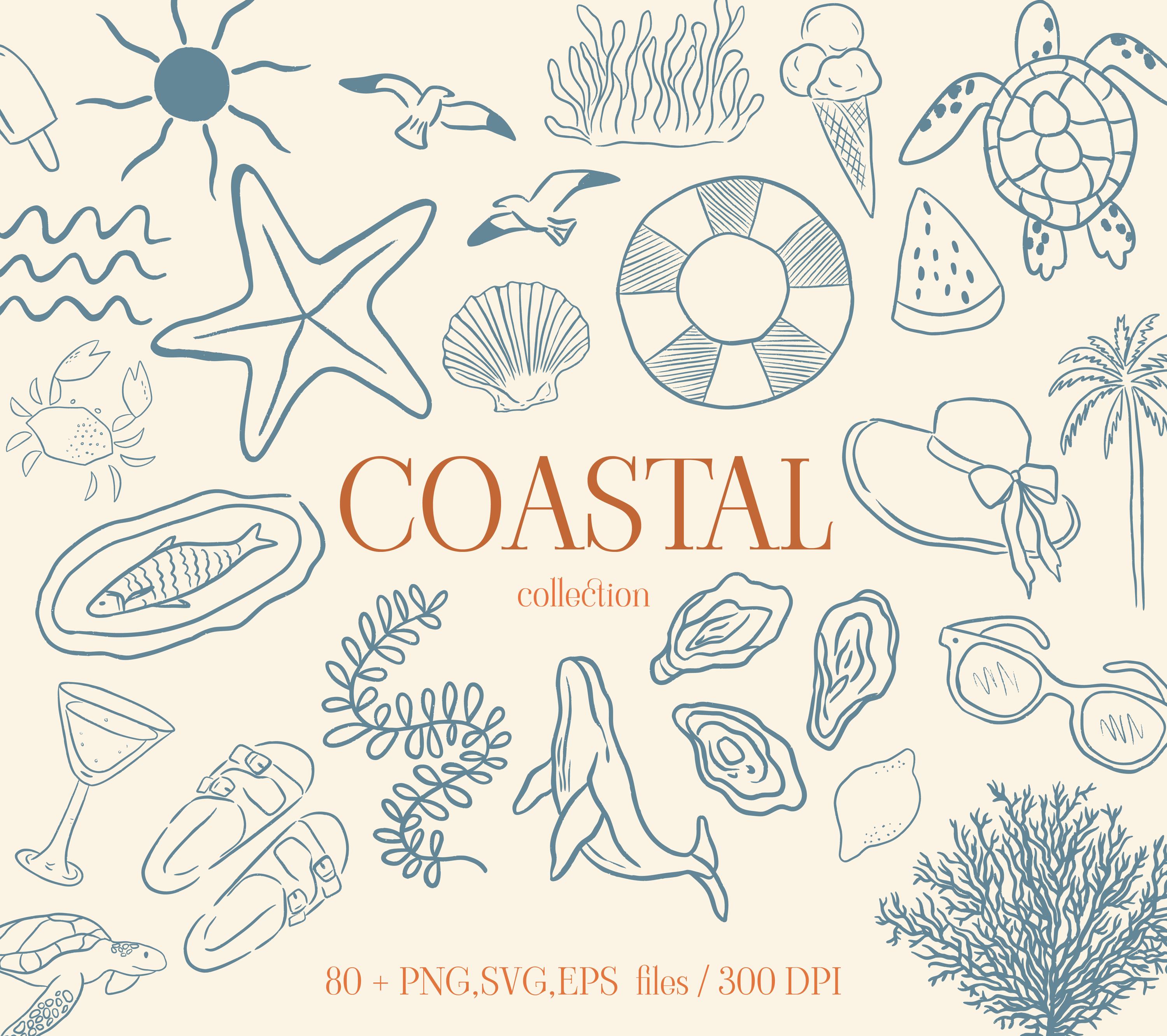 Coastal Clipart Bundle – 80+ Hand-drawn Beach Ocean Elements | Summer ...