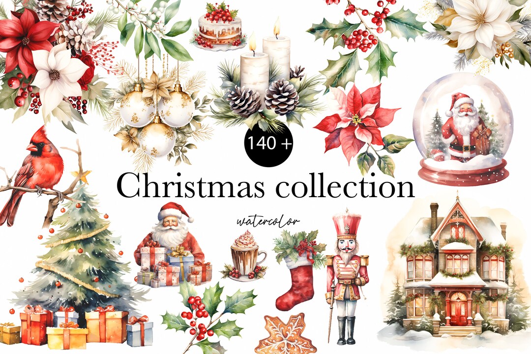 Watercolor Christmas Clipart PNG - Christmas Bundle Clipart ...