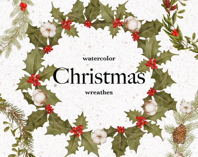 Red Cardinal Christmas Wreath Clipart Watercolor Greenery Xmas Wreath ...