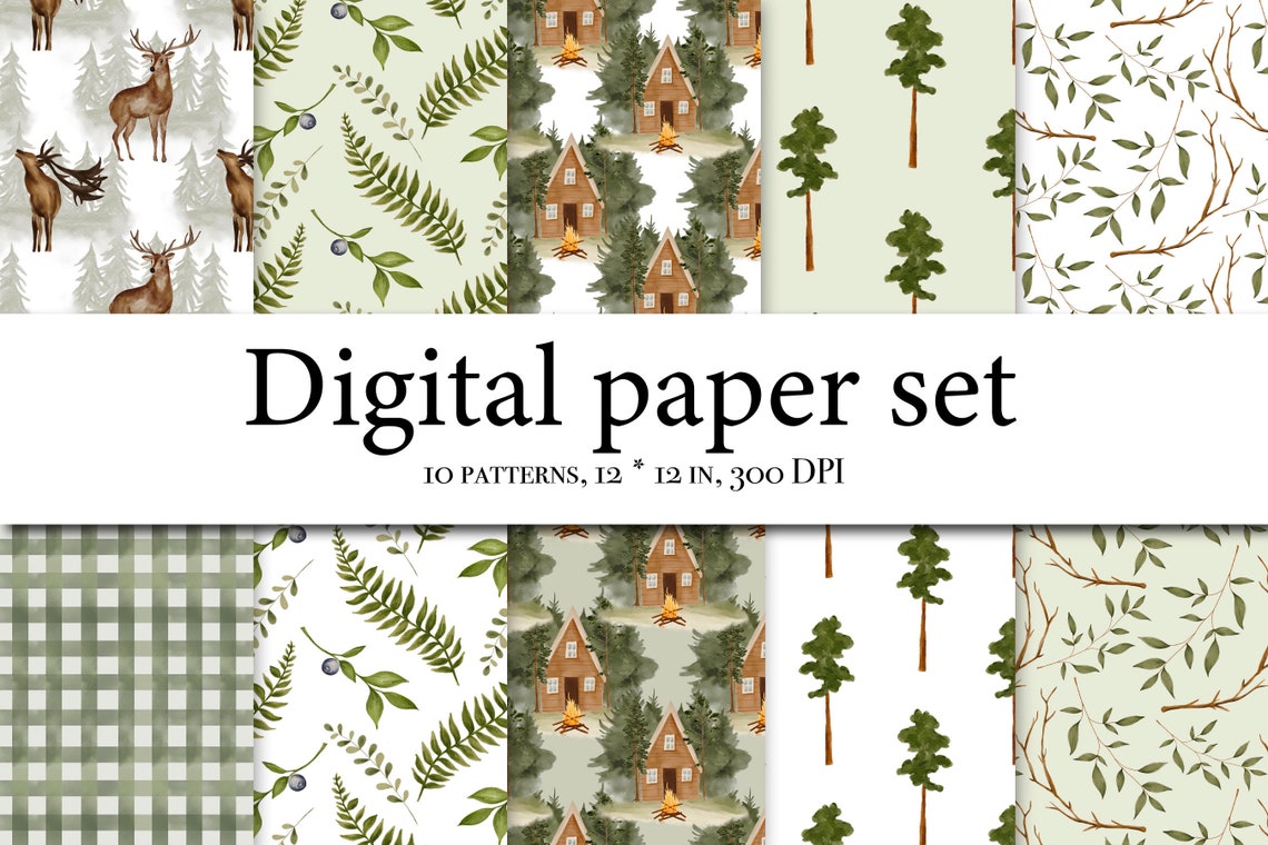 Watercolor Forest Digital Paper Set Forest Landscape Paper - Etsy
