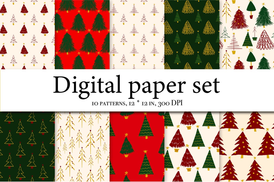 Xmas Digital Paper - Hand Drawn Christmas Trees Paper - Christmas Tree ...