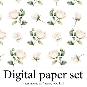 Watercolor Digital Paper Pack, White Roses Scrapbook, Roses Seamless ...