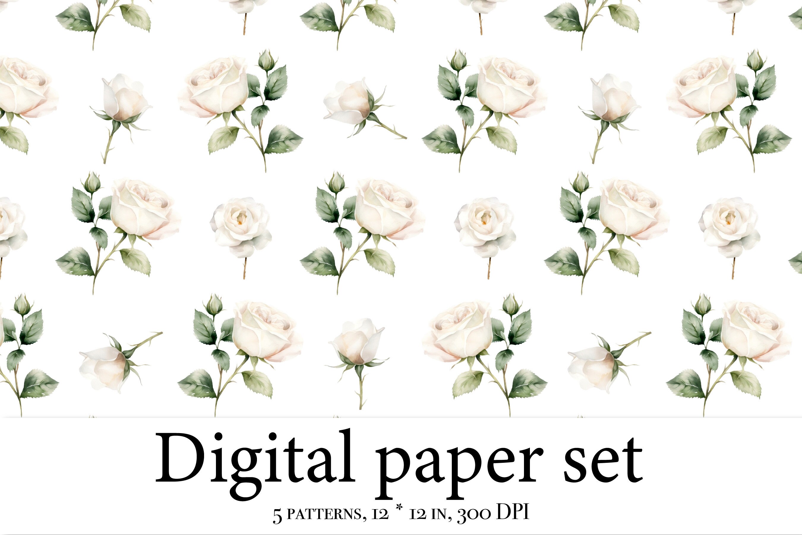 Watercolor Digital Paper Pack, White Roses Scrapbook, Roses Seamless ...