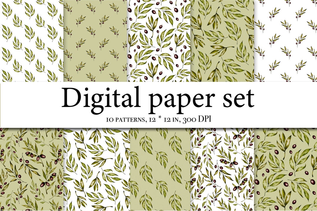 Olive Branches Watercolor Digital Paper - Green Leaves Digital Paper ...
