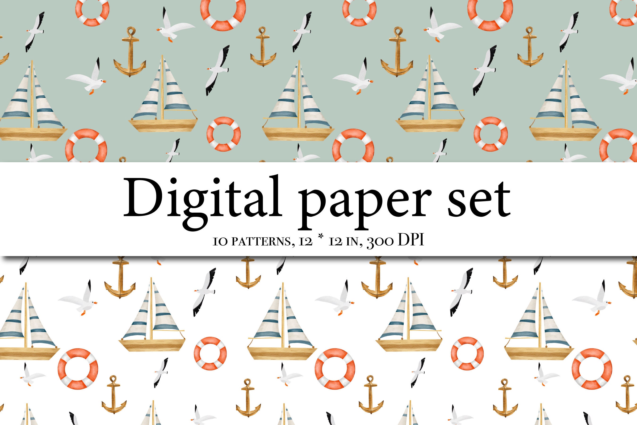 Sea Digital Paper-underwater Ocean - Boat Watercolors - Lighthouse ...