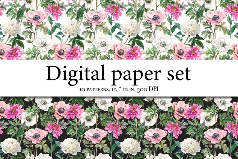 Botanical Seamless Pattern Flowers Digital Paper Printable Paper Set ...