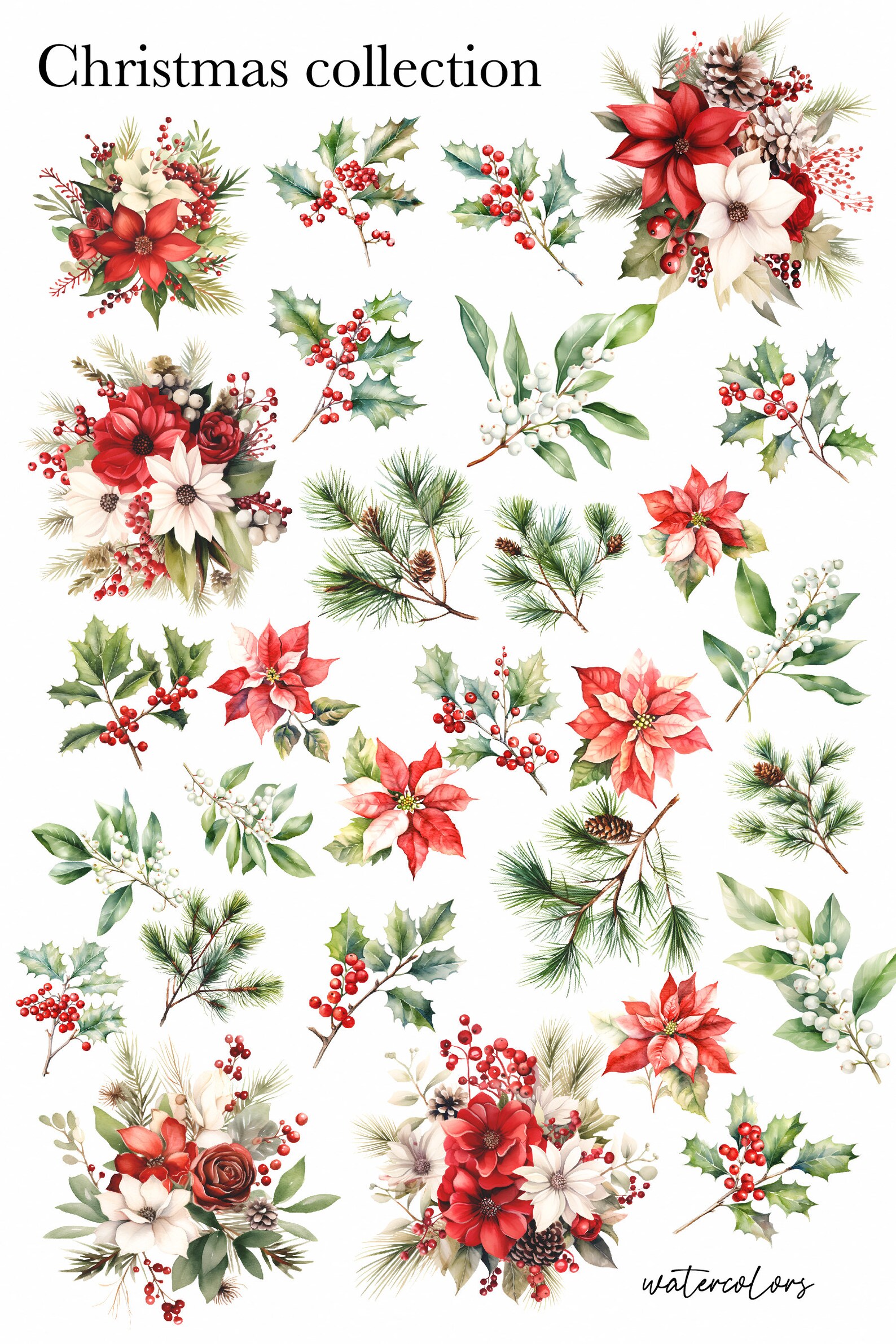 Watercolor Christmas Clipart PNG Christmas Bundle Clipart Watercolor ...