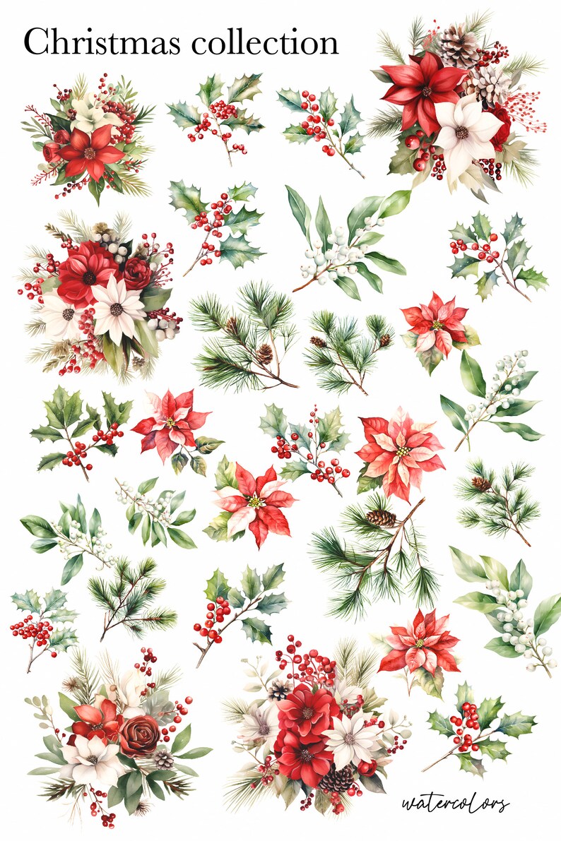Watercolor Christmas Clipart PNG - Christmas Bundle Clipart ...