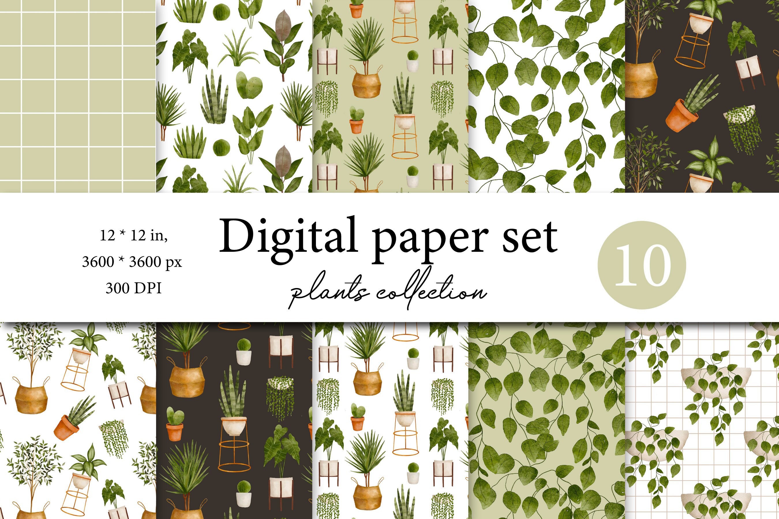 Watercolor Indoor Plants Digital Paper Gardening Pattern Cactus Digital ...