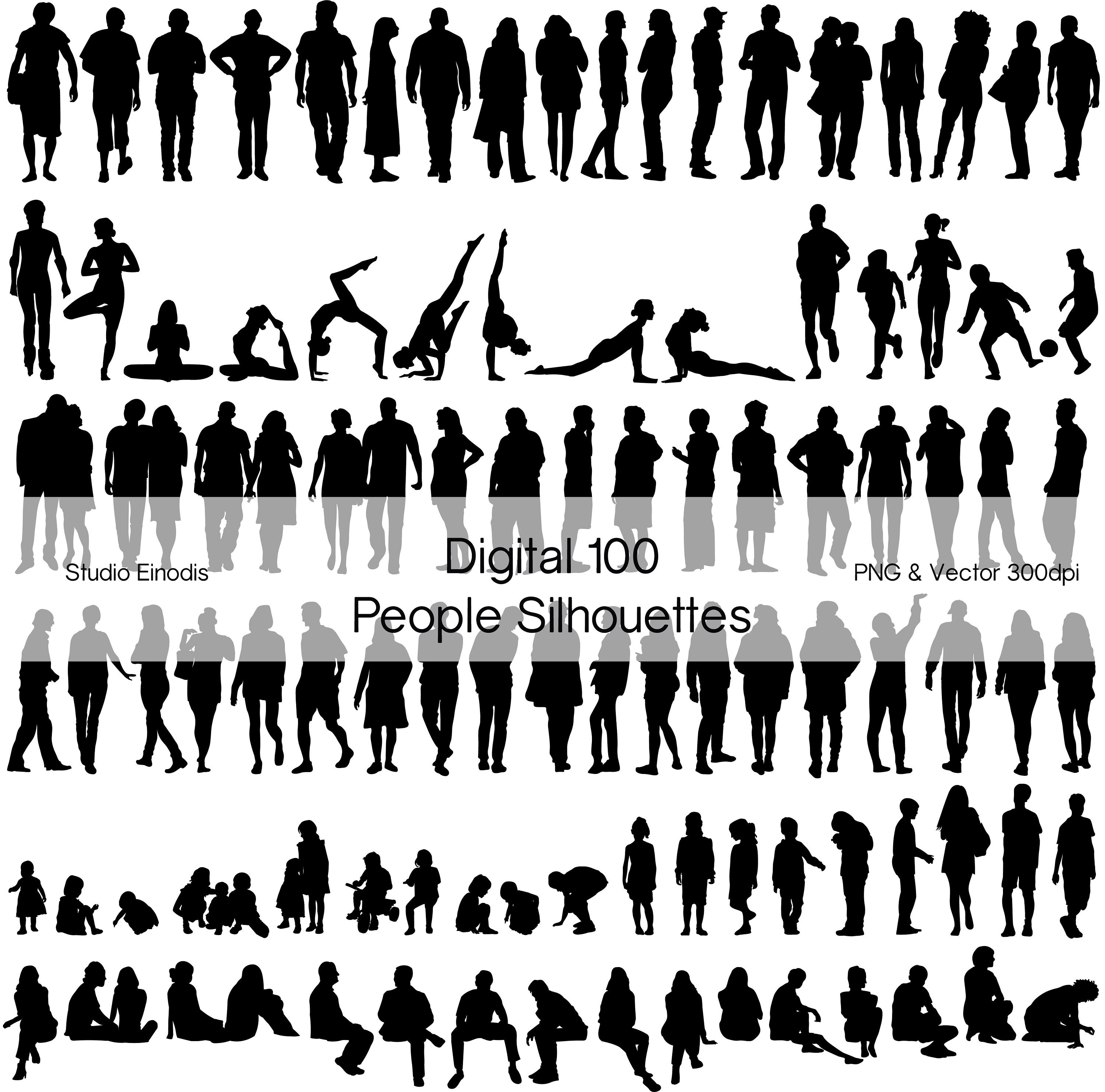 Flat Vector People Silhouettes. Digital Files of 100 Silhouettes. EPS ...