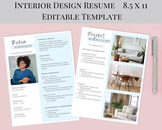 Editable Interior Design Resume & Portfolio Template | Etsy