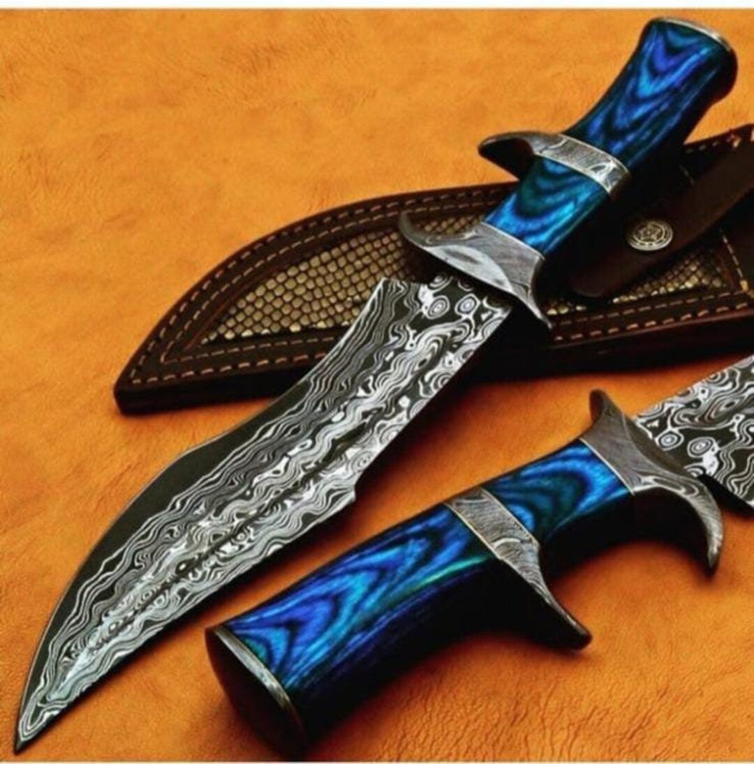 Custom Personalizad Handmade Damascus Blue Bowie Knife,damascus Guard ...