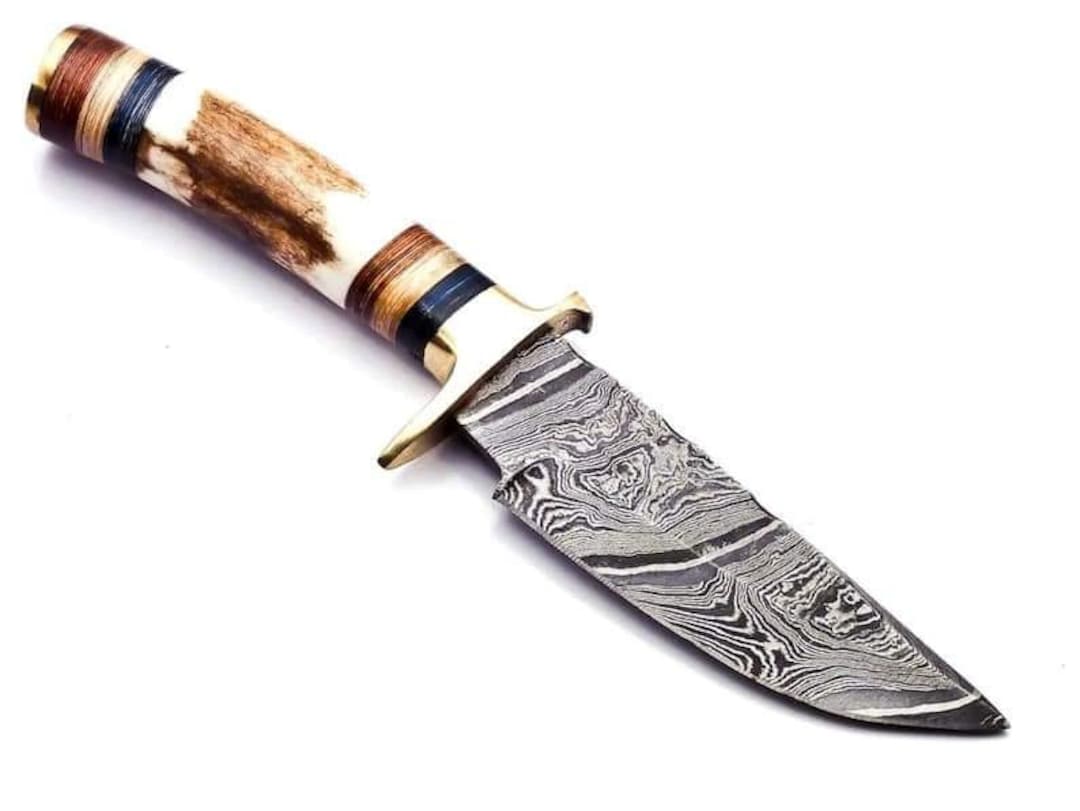 Personalized 8" Damascus Steel Hunting Knife Handle Deer Antler W ...