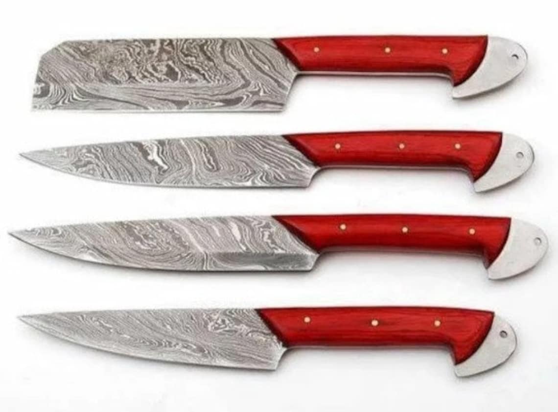 Handmade Damascus Chef Set of 4pieces With Leather,damascus Cutlery ...