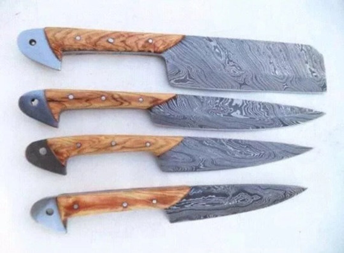Handmade Damascus Chef Set of 4pieces With Leather,damascus Cutlery ...