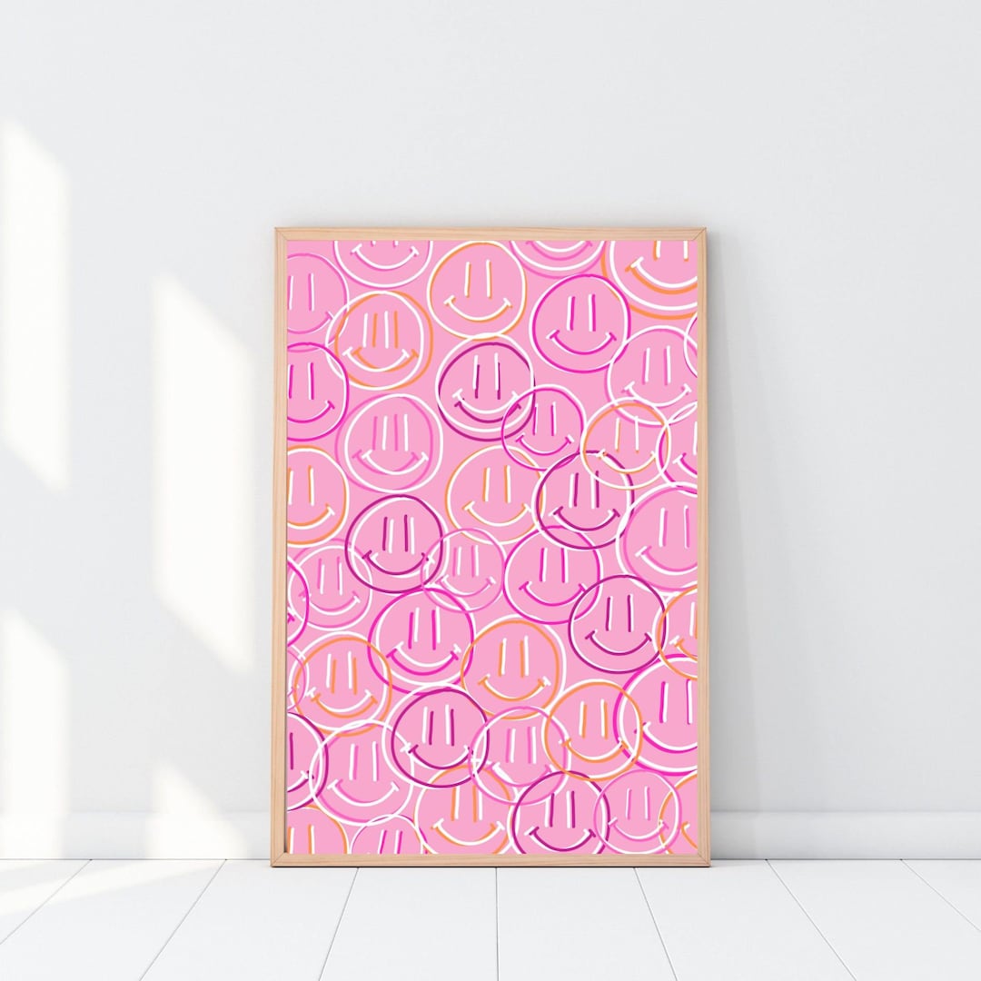 Pink Preppy Smiley Face Wall Art, Preppy Room Decor, Dorm Room Art ...