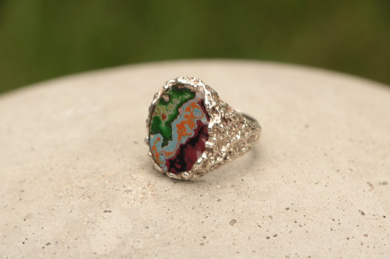 Polished Gemstone Graffiti and Sterling Silver Ring - Size 8 - Etsy