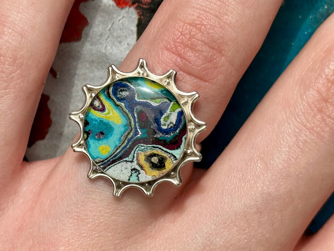 Starry Night Gemstone Graffiti and Sterling Silver Starburst Ring Size ...
