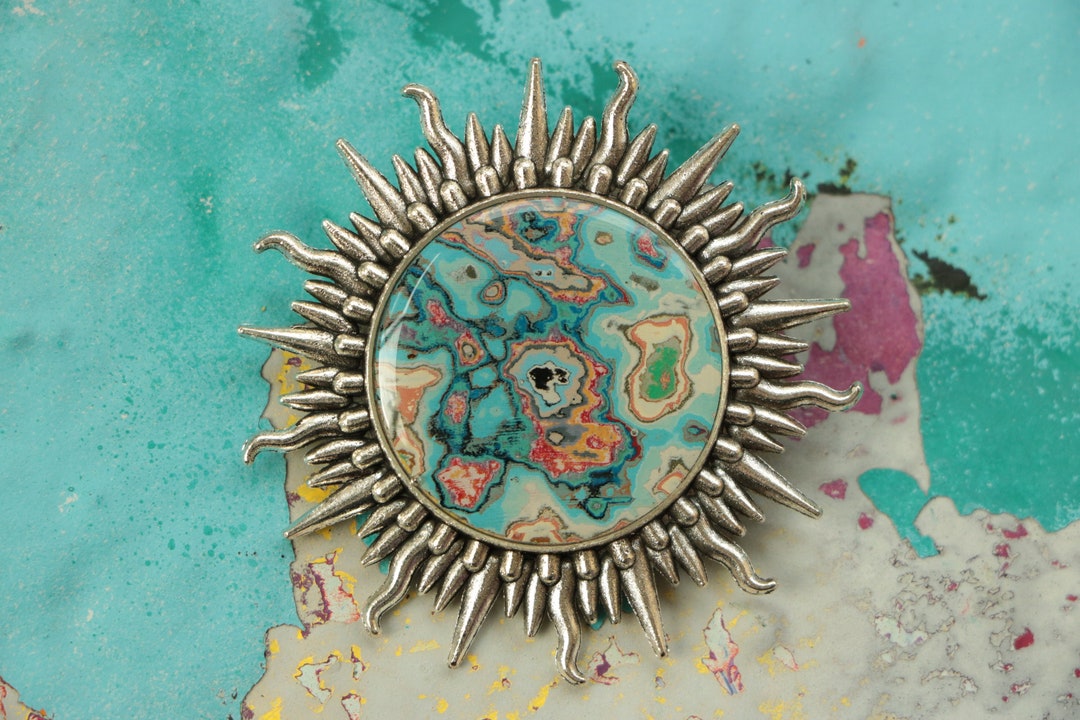 Silver Sunburst Gemstone Graffiti Brooch - Reclaimed Street Art in Sky ...