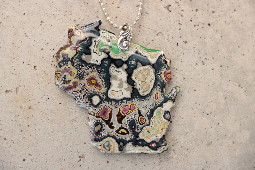 Wisconsin Gemstone Graffiti Necklace on a Sterling Silver Chain State ...