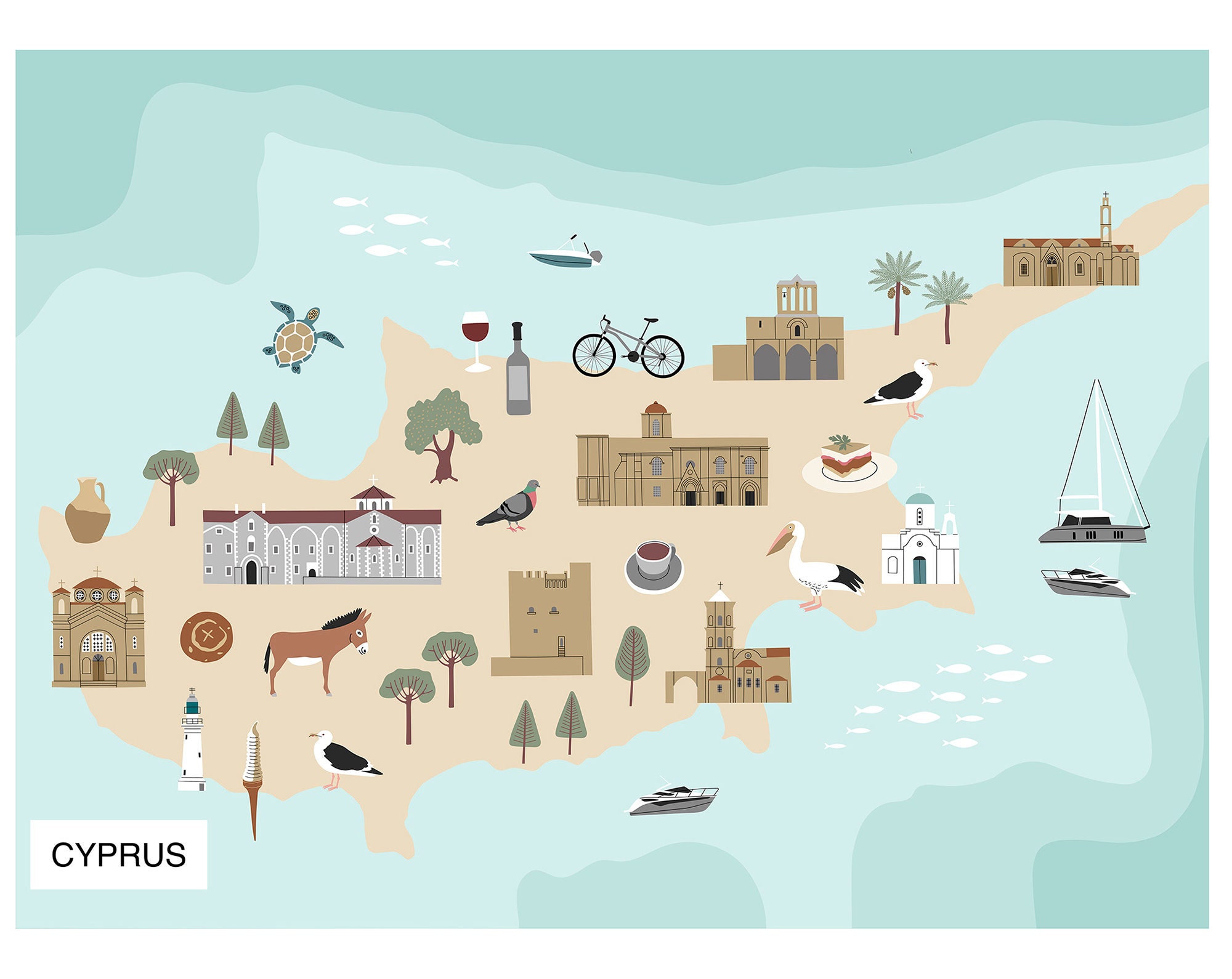 Cyprus Illustrated Map Print: Hand-drawn Island Travel Art (digital ...