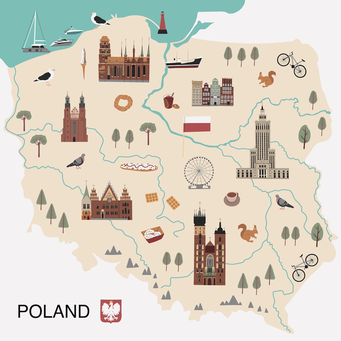Poland, Сountry Map Illustrated, Poland Poster, Map Print, Travel Map ...