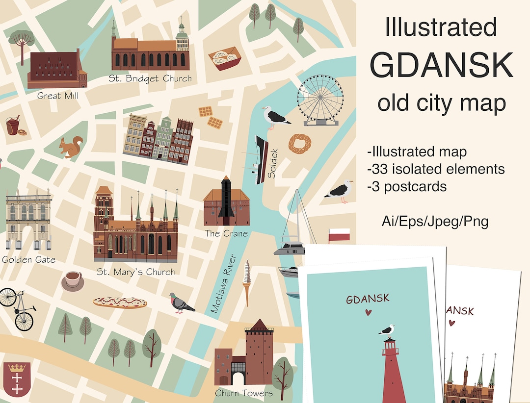 Gdansk City Map Illustration: Poland Travel Poster (digital Download ...