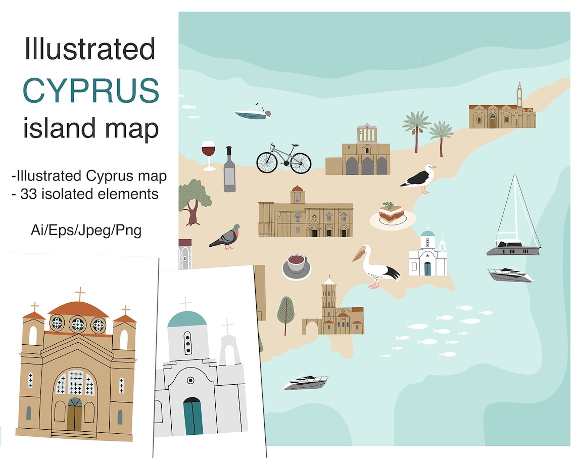 Cyprus Digital Clipart, Cyprus Travel Map, Hand Drawn Illustrated Map ...