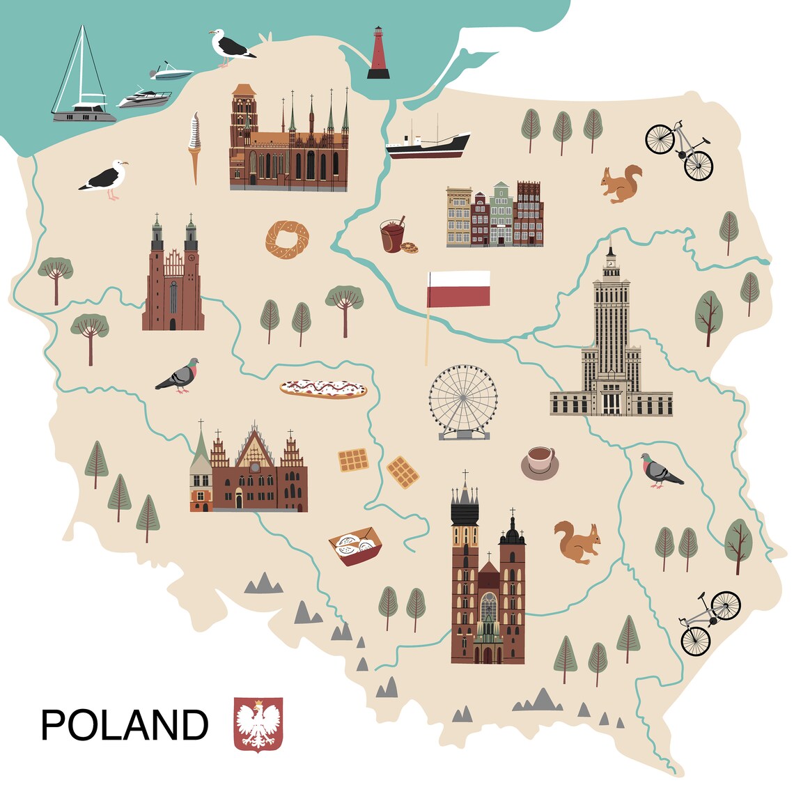Poland Сountry Map Illustrated Poland Poster Map Print - Etsy