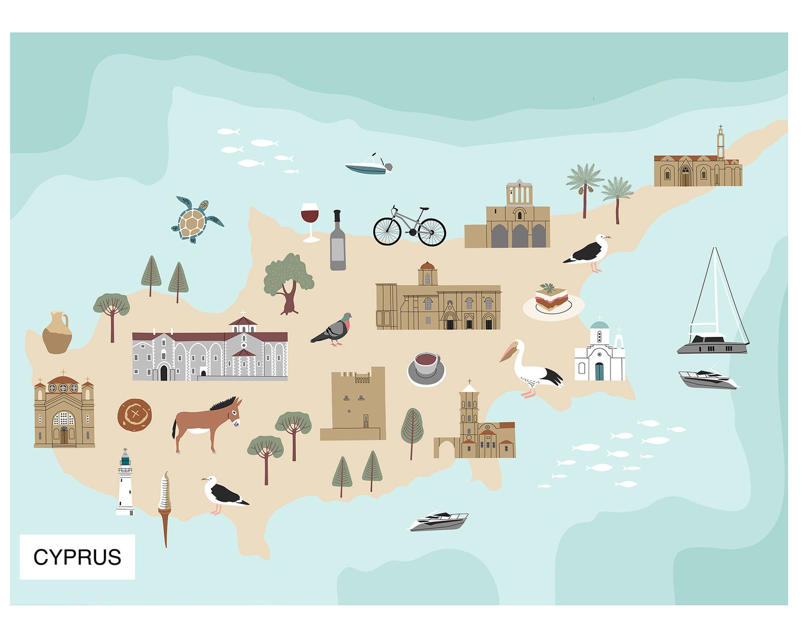 Cyprus Digital Clipart, Cyprus Travel Map, Hand Drawn Illustrated Map ...