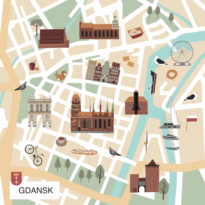 Gdansk Poland Map Print: Illustrated City Wall Art (digital Download ...