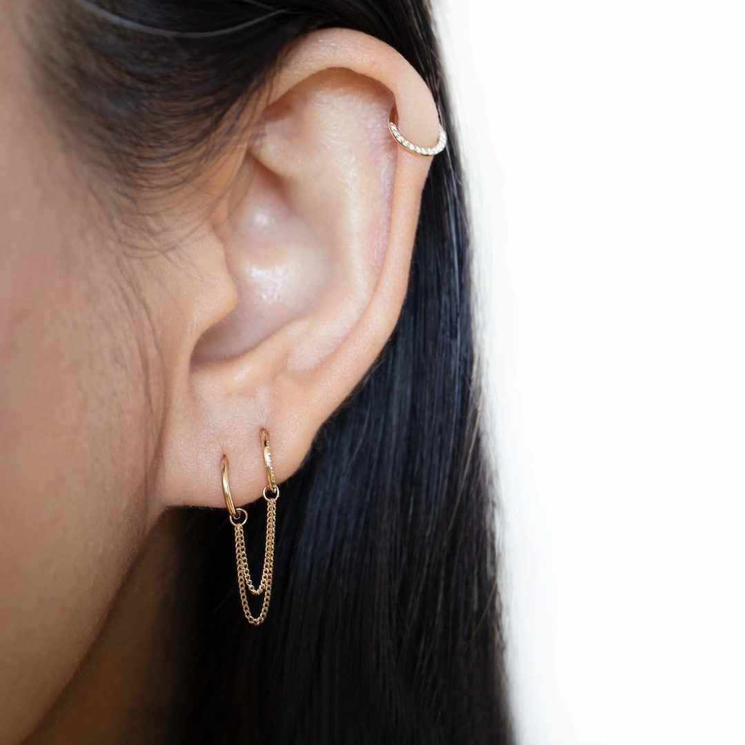 Solid Gold Double Cuban Link Connector Ear Chain, Gold Ear Connecting ...