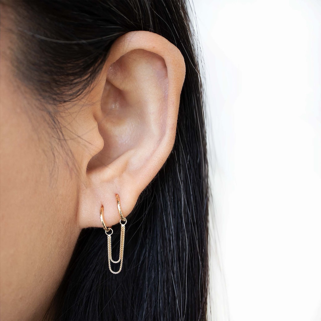 Solid Gold Double Box Link Connector Ear Chain, Double Ear Connecting ...