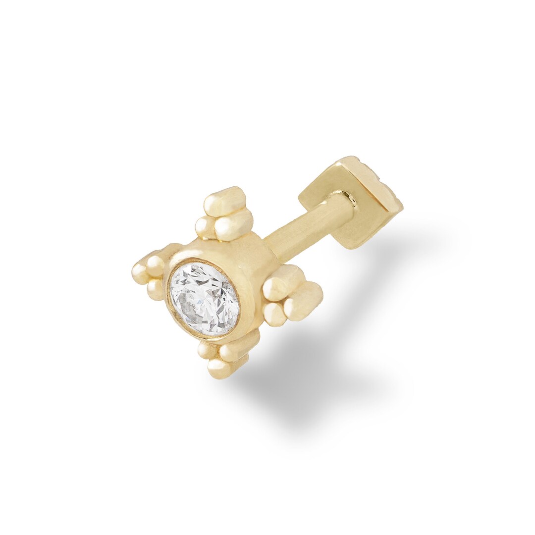 16 Gauge Solid Gold Trio Bead Solitaire Diamond Stud Earring, 16G Real ...