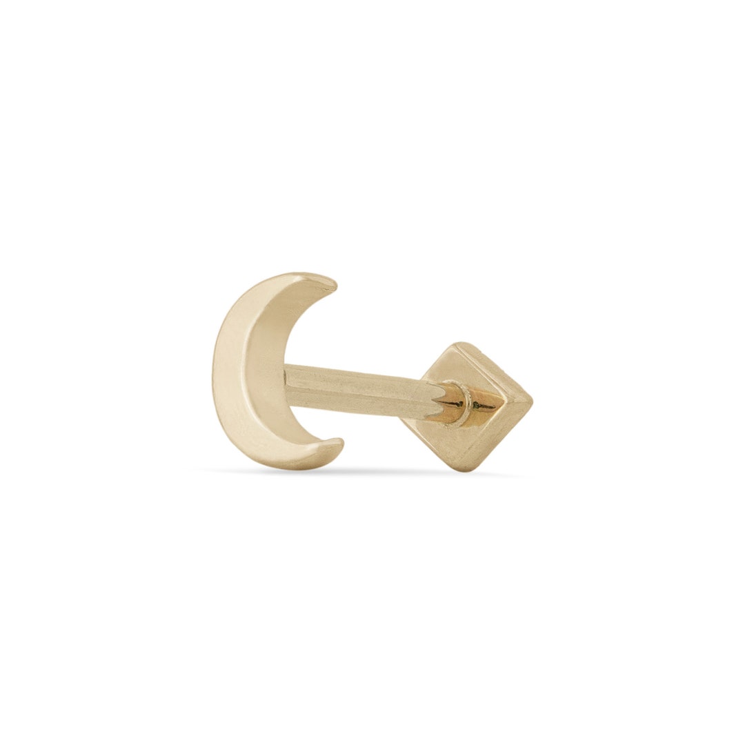 19 Gauge Solid Gold Crescent Moon Stud Earring, 14K Solid Gold Moon ...