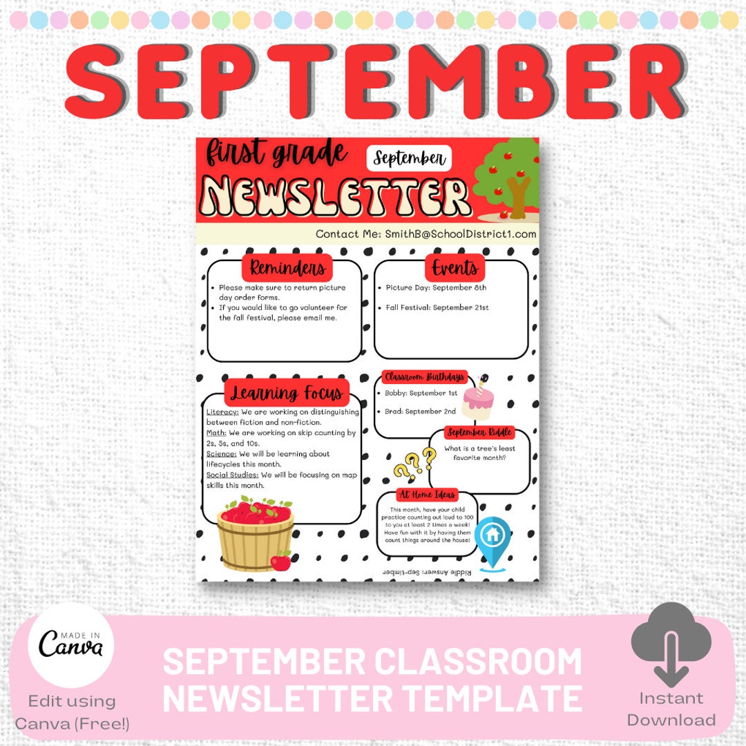 September Classroom Newsletter Template: Editable First Grade (digital ...