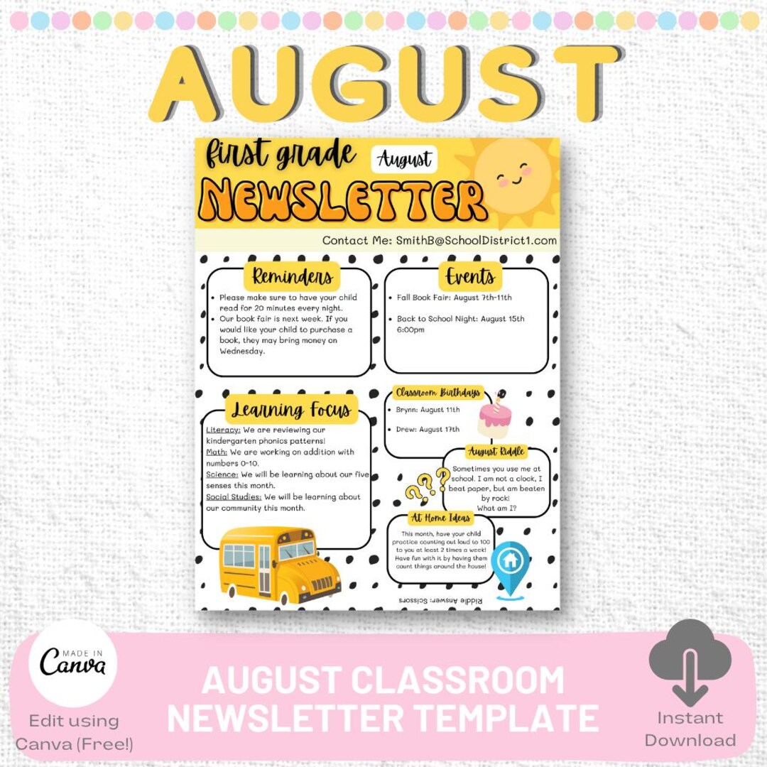 Editable August Newsletter Template: Classroom & School Updates (canva ...