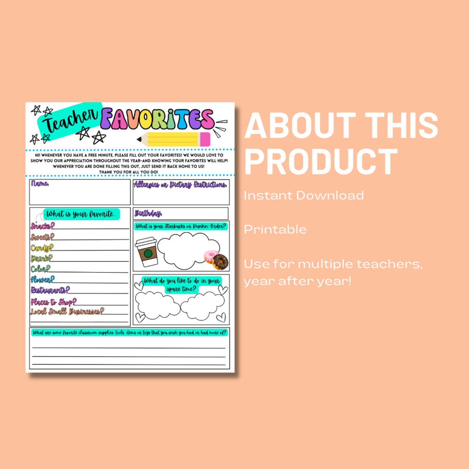 Teacher Favorites Form: Printable Questionnaire (PDF, Canva) - Etsy