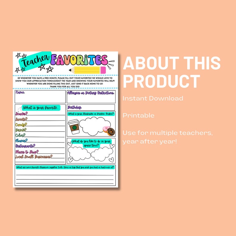 Teacher Favorites Form: Printable Questionnaire (PDF, Canva) - Etsy