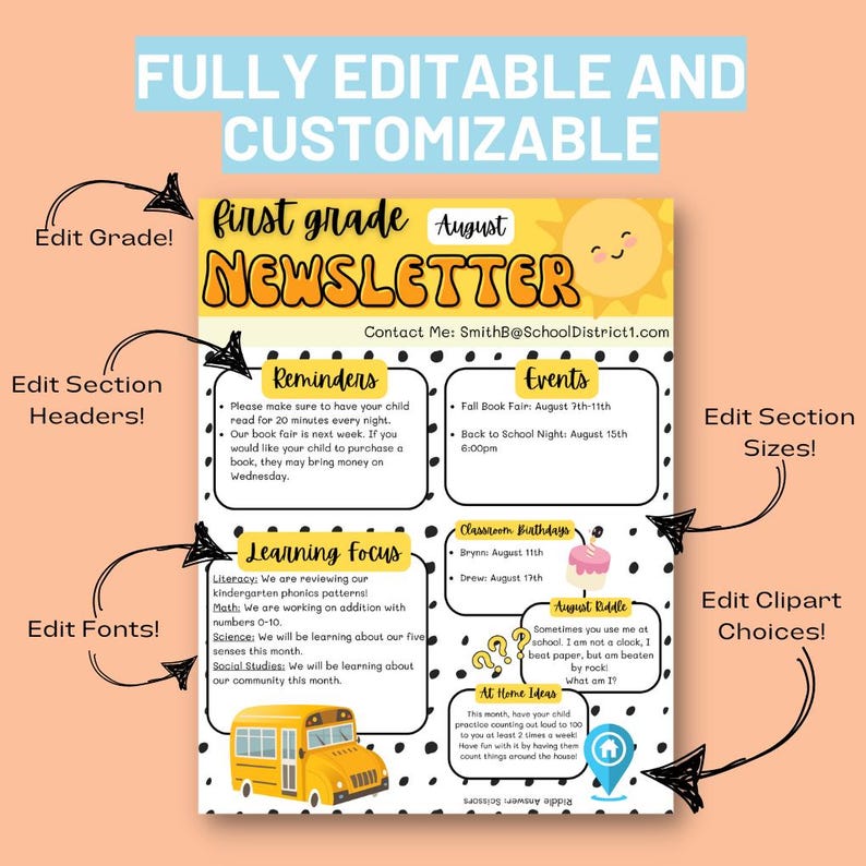 Editable August Newsletter Template: Classroom & School Updates (canva ...