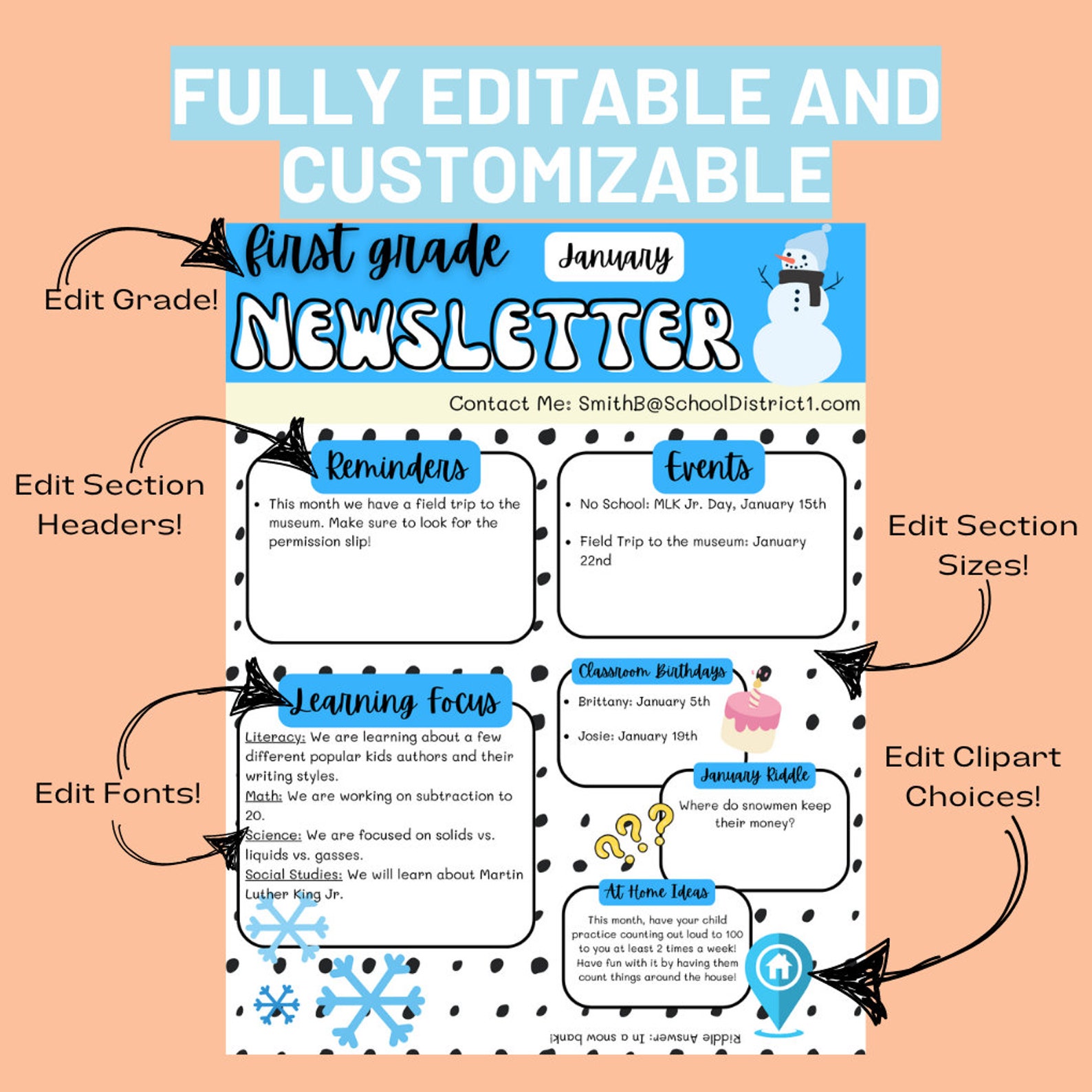 January Classroom Newsletter Template: Editable School Newsletter ...