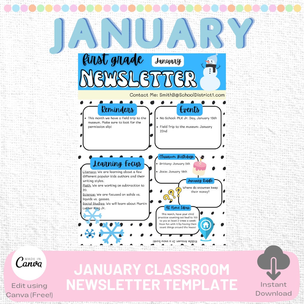 January Classroom Newsletter Template: Editable School Newsletter ...