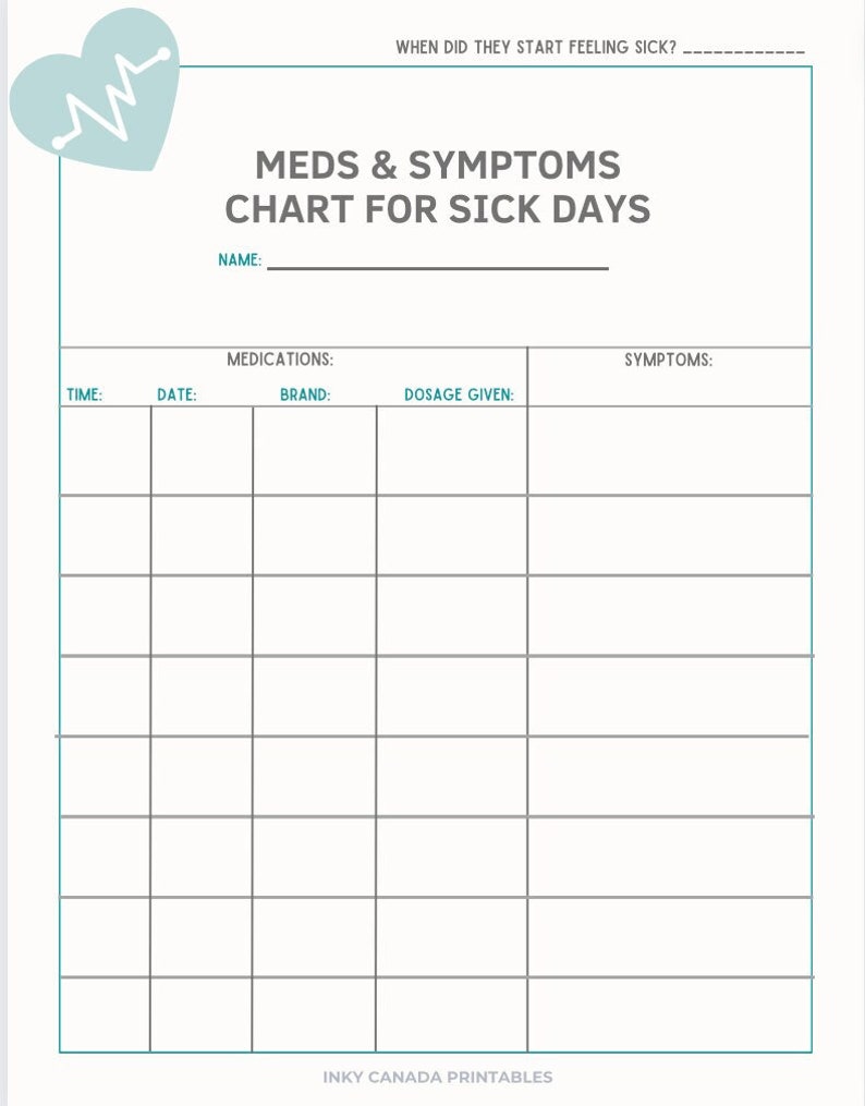 SICK DAY Meds & Symptoms Chart! PRINTABLE - Etsy